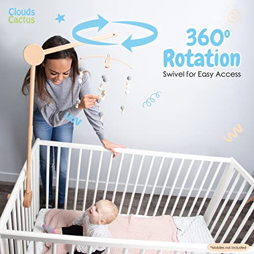 Clouds and Cactus Crib Mobile Arm 33 Inches for Baby Nursery - 100% Natural Beech Wood with Extra Matching Wooden Holder Attachment and Anti Slip Clamping System (Straight)