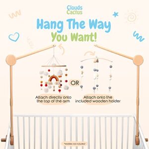 Clouds and Cactus Crib Mobile Arm 33 Inches for Baby Nursery - 100% Natural Beech Wood with Extra Matching Wooden Holder Attachment and Anti Slip Clamping System (Straight)