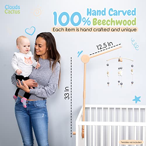 Clouds and Cactus Crib Mobile Arm 33 Inches for Baby Nursery - 100% Natural Beech Wood with Extra Matching Wooden Holder Attachment and Anti Slip Clamping System (Straight)