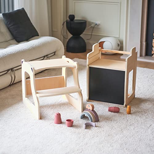 Toddler Kitchen Tower Step Stool Helper with Chalkboard Safety Rail | Kids Counter Stool | Wooden Standing Tower for Toddlers to be Mama’s Kitchen Helper