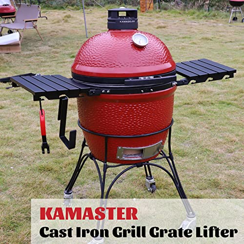 KAMaster Cast Iron Grill Grate Lifter,Grid Lifter Gripper Fit Big Green Egg Accessories Kamado Grill Joe Primo Vision Louisiana Grills,Grate Lifters with Red Protective Cover for Moving Hot Grate