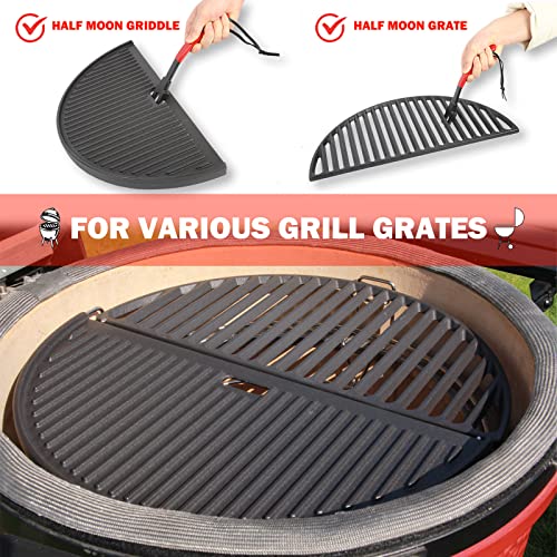 KAMaster Cast Iron Grill Grate Lifter,Grid Lifter Gripper Fit Big Green Egg Accessories Kamado Grill Joe Primo Vision Louisiana Grills,Grate Lifters with Red Protective Cover for Moving Hot Grate