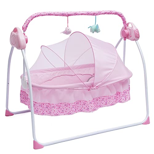 TFCFL Electric Baby Crib Cradle, 5-Speed Baby Bassinet Auto Rocking Chair Chair Bed with Remote Control Infant Musical Sleeping Basket for 0-18 Months Newborn Babies 25KG/55LBS Capacity (Pink)