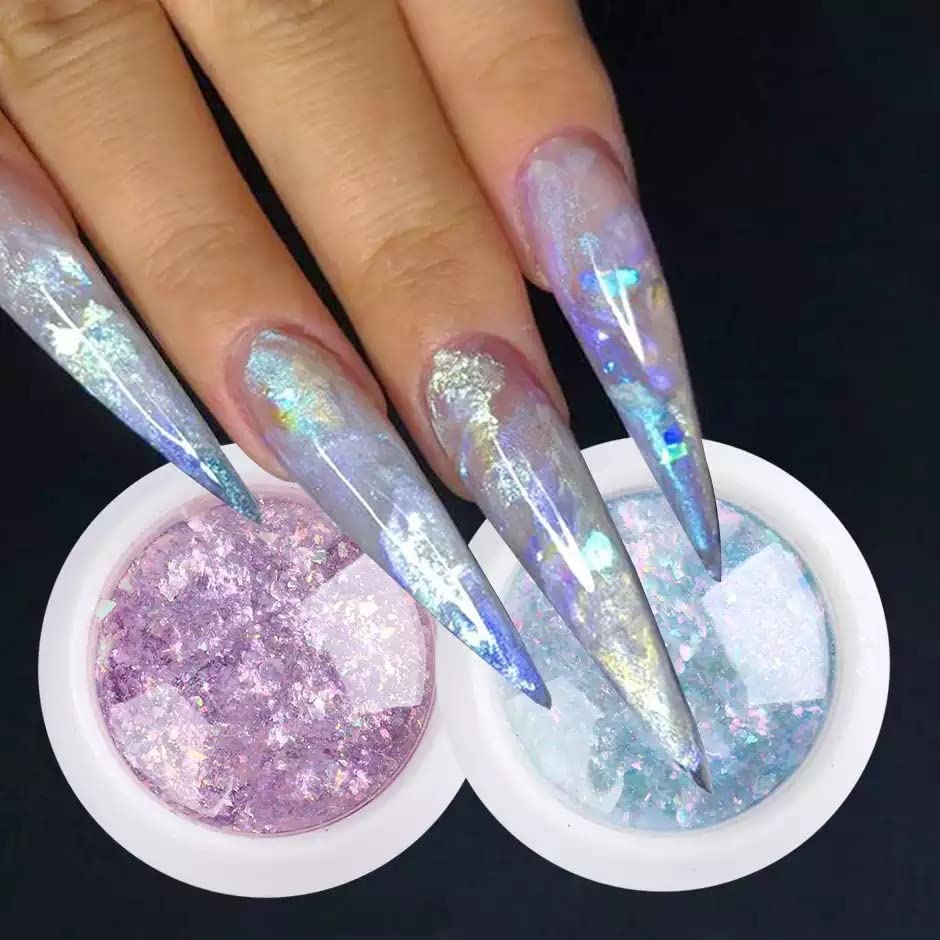 4 Jars Opal Flakes Nail Sequins Purple Holographic Glitter DIY Nail Crystal Acrylic Chrome Powder Irregular Shiny Mermaid Mirror Neon Nails Manicure Paillettes Nail Art Decorations