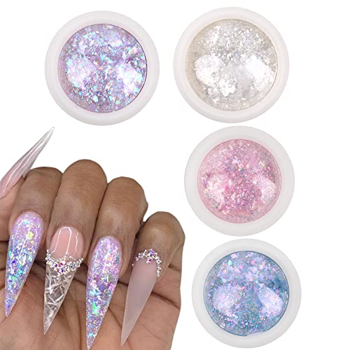 4 Jars Opal Flakes Nail Sequins Purple Holographic Glitter DIY Nail Crystal Acrylic Chrome Powder Irregular Shiny Mermaid Mirror Neon Nails Manicure Paillettes Nail Art Decorations