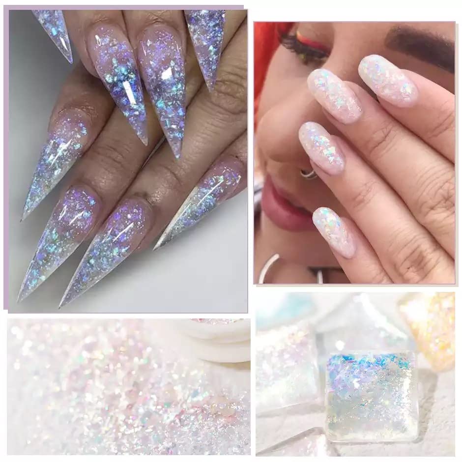 4 Jars Opal Flakes Nail Sequins Purple Holographic Glitter DIY Nail Crystal Acrylic Chrome Powder Irregular Shiny Mermaid Mirror Neon Nails Manicure Paillettes Nail Art Decorations