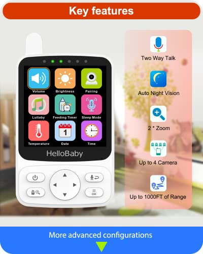 HelloBaby Monitor with 29Hour Battery Life and 4" IPS Screen, No WiFi, Video Baby Monitor with Camera and Audio 1000ft Long Rang Auto Night Vision 2 Way Audio Temperature VOX Mode for Baby Pet Eldly