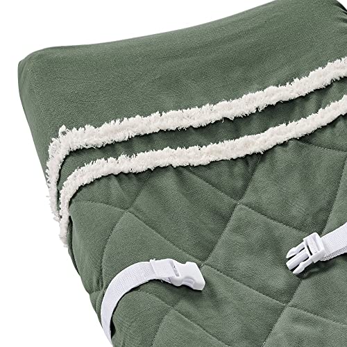 Sweet Jojo Designs Dark Green Boho Chic Girl Boy Unisex Baby Nursery Changing Pad Cover Solid Sage Hunter Ivory Bohemian Gender Neutral Linen Tassel Macrame Modern Farmhouse Designer Minimalist Tuft