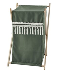 sweet jojo designs dark green boho chic baby kid clothes laundry hamper - solid sage hunter ivory bohemian gender neutral linen tassel macrame modern farmhouse designer minimalist tuft fringe