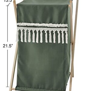 Sweet Jojo Designs Dark Green Boho Chic Baby Kid Clothes Laundry Hamper - Solid Sage Hunter Ivory Bohemian Gender Neutral Linen Tassel Macrame Modern Farmhouse Designer Minimalist Tuft Fringe