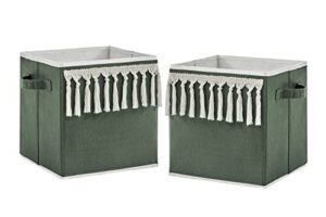 sweet jojo designs dark green boho chic foldable fabric storage cube bins boxes organizer baby solid sage hunter ivory bohemian gender neutral linen tassel modern farmhouse designer minimalist set 2