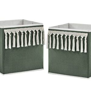 Sweet Jojo Designs Dark Green Boho Chic Foldable Fabric Storage Cube Bins Boxes Organizer Baby Solid Sage Hunter Ivory Bohemian Gender Neutral Linen Tassel Modern Farmhouse Designer Minimalist Set 2