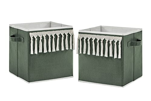 Sweet Jojo Designs Dark Green Boho Chic Foldable Fabric Storage Cube Bins Boxes Organizer Baby Solid Sage Hunter Ivory Bohemian Gender Neutral Linen Tassel Modern Farmhouse Designer Minimalist Set 2