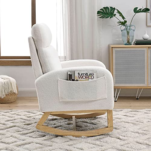 Nursery Rocking Glider Chair, Modern Teddy Fabric Tall Back Accent Rocker Chair Upholstered Arm Chair w/Side Pockets, Modern Leisure Single Sofa for Living Room, Hotel, Bedroom, Office, White