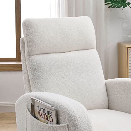 Nursery Rocking Glider Chair, Modern Teddy Fabric Tall Back Accent Rocker Chair Upholstered Arm Chair w/Side Pockets, Modern Leisure Single Sofa for Living Room, Hotel, Bedroom, Office, White