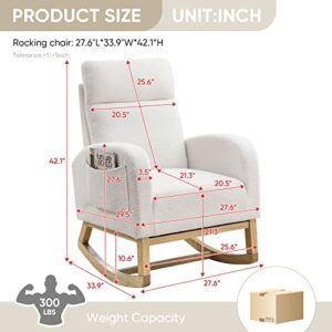 Nursery Rocking Glider Chair, Modern Teddy Fabric Tall Back Accent Rocker Chair Upholstered Arm Chair w/Side Pockets, Modern Leisure Single Sofa for Living Room, Hotel, Bedroom, Office, White