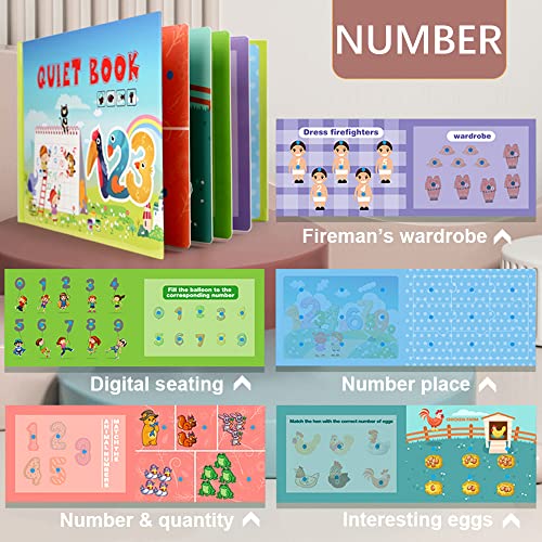 AMINY 4 Subjects Montessori Quiet Book Busy Board for Toddlers, Toddler Travel Toys, Sensory Toddler Activities, Montessori Educational Toys for 2 3 4 Year Old Boys Girls Gift