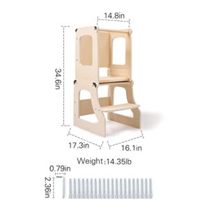 Wooden Kids Step Stool Helper with Safety Rail, Toddlers Learning Chair Adjustable Height Stepping Stand with Drawing Blackboard Child Standing Tower Helper for Bathroom and Kitchen