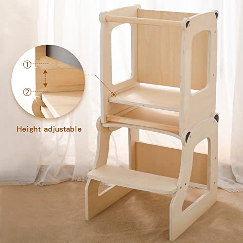 Wooden Kids Step Stool Helper with Safety Rail, Toddlers Learning Chair Adjustable Height Stepping Stand with Drawing Blackboard Child Standing Tower Helper for Bathroom and Kitchen