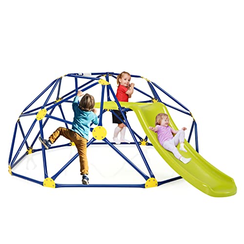 Costzon Climbing Dome with Slide, 2 in 1 Outdoor Jungle Gym Monkey Bar Climbing Toys for Toddlers, 8FT Geometric Dome Climber Playground Set for 3-8 Boys Girls Backyard Fun Gift Present