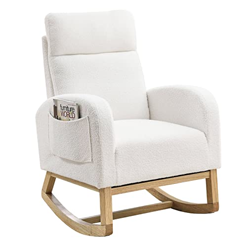 JEEOHEY Nursery Rocking Chair, Modern Upholstered Teddy Fabric Rocker Glider Chairs Single Sofa Chair Leisure Armchair with Solid Wood Legs, Side Pockets, White