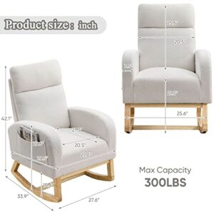 JEEOHEY Nursery Rocking Chair, Modern Upholstered Teddy Fabric Rocker Glider Chairs Single Sofa Chair Leisure Armchair with Solid Wood Legs, Side Pockets, White