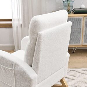 JEEOHEY Nursery Rocking Chair, Modern Upholstered Teddy Fabric Rocker Glider Chairs Single Sofa Chair Leisure Armchair with Solid Wood Legs, Side Pockets, White