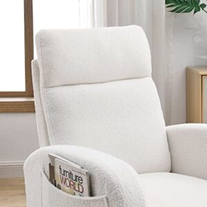 JEEOHEY Nursery Rocking Chair, Modern Upholstered Teddy Fabric Rocker Glider Chairs Single Sofa Chair Leisure Armchair with Solid Wood Legs, Side Pockets, White