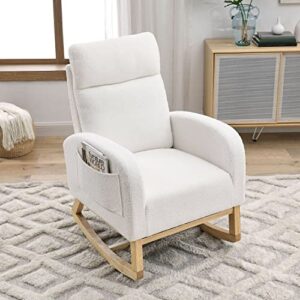 JEEOHEY Nursery Rocking Chair, Modern Upholstered Teddy Fabric Rocker Glider Chairs Single Sofa Chair Leisure Armchair with Solid Wood Legs, Side Pockets, White