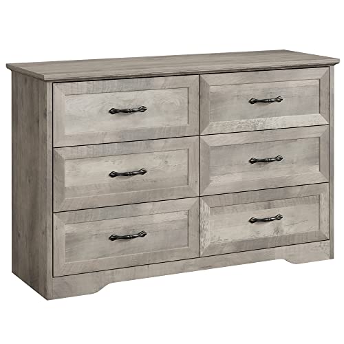 IDEALHOUSE Dresser for Bedroom with 6 Drawers, Wood Drawer Dresser Chest of Drawers for Closet, Living Room, Hallway, Nursery, Kids Bedroom, Grey