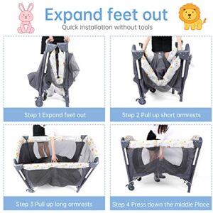 BLOROOM 6-in-1 Pack and Play, Baby Bedside Sleeper with Bassinet, Multifunction Bedside Crib Newborn to Toddlers, Diaper Changer, Playard, Safety Strap, Music Box & Hanging Toys,Mosquito net (Gray)