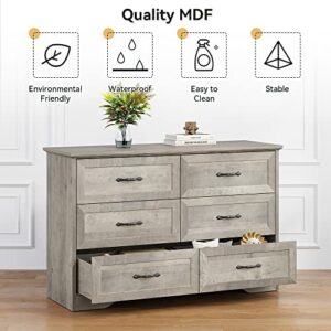 IDEALHOUSE Dresser for Bedroom with 6 Drawers, Wood Drawer Dresser Chest of Drawers for Closet, Living Room, Hallway, Nursery, Kids Bedroom, Grey