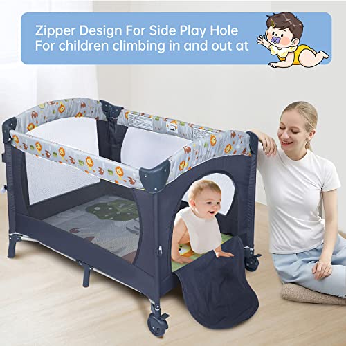 BLOROOM 6-in-1 Pack and Play, Baby Bedside Sleeper with Bassinet, Multifunction Bedside Crib Newborn to Toddlers, Diaper Changer, Playard, Safety Strap, Music Box & Hanging Toys,Mosquito net (Gray)