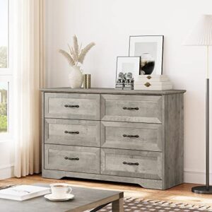 IDEALHOUSE Dresser for Bedroom with 6 Drawers, Wood Drawer Dresser Chest of Drawers for Closet, Living Room, Hallway, Nursery, Kids Bedroom, Grey