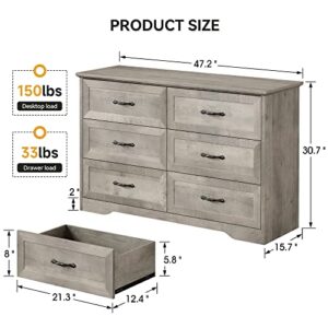 IDEALHOUSE Dresser for Bedroom with 6 Drawers, Wood Drawer Dresser Chest of Drawers for Closet, Living Room, Hallway, Nursery, Kids Bedroom, Grey