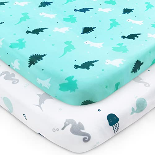 Pack and Play Sheets, Pack n Play Sheets Ultra Soft, Mini Crib Sheets 2 Pack, Pack n Play Mattresses Sheets Compatible with Graco Pack n Play, Soft and Breathable, Dinosaurs