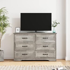 IDEALHOUSE Dresser for Bedroom with 6 Drawers, Wood Drawer Dresser Chest of Drawers for Closet, Living Room, Hallway, Nursery, Kids Bedroom, Grey