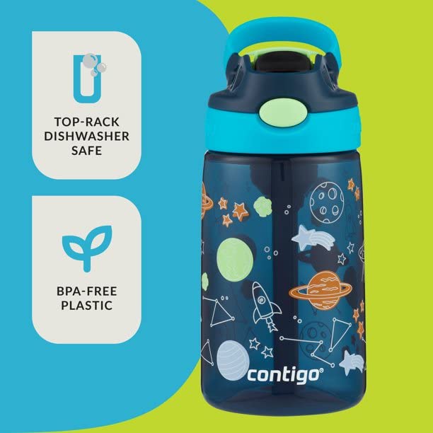 Contigo Kids Water Bottle with Straw - 2 Pack, 14 oz, Autospout Technology – Spill Proof, Easy-Clean Lid Design Ages 3 Plus, Dishwasher Safe Cosmos & Gummy Sharks