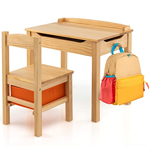 Costzon Kids Table and Chair Set, Flip Top Toddler Study Desk w/Chair for Playroom & Nursery, Wood Activity Table Set w/Storage Space, Safety Hinge, Pull-Out Drawer & Hook for Arts, Crafts (Natural)