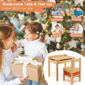 Costzon Kids Table and Chair Set, Flip Top Toddler Study Desk w/Chair for Playroom & Nursery, Wood Activity Table Set w/Storage Space, Safety Hinge, Pull-Out Drawer & Hook for Arts, Crafts (Natural)