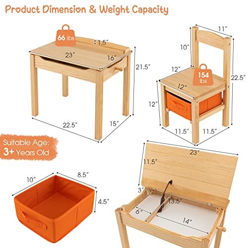 Costzon Kids Table and Chair Set, Flip Top Toddler Study Desk w/Chair for Playroom & Nursery, Wood Activity Table Set w/Storage Space, Safety Hinge, Pull-Out Drawer & Hook for Arts, Crafts (Natural)