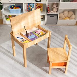 Costzon Kids Table and Chair Set, Flip Top Toddler Study Desk w/Chair for Playroom & Nursery, Wood Activity Table Set w/Storage Space, Safety Hinge, Pull-Out Drawer & Hook for Arts, Crafts (Natural)