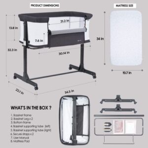 QUTANIX Baby Bassinet Bedside Sleeper with Wheels,Easy Folding Lightweight Crib for Baby/Infants,Breathable Mesh and Adjustable Height - Grey