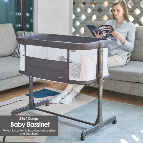 QUTANIX Baby Bassinet Bedside Sleeper with Wheels,Easy Folding Lightweight Crib for Baby/Infants,Breathable Mesh and Adjustable Height - Grey