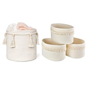 mkono macrame decorative cotton rope basket boho decor for bedroom, dorm, living room, bathroom, set of 4