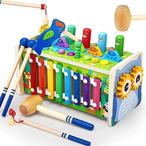 WEELIKEE 8-in-1 Wooden Hammering Pounding Toys for 1 2 3 4 Year Old Boys and Girls, Wooden Montessori Toys for Babies, Whack a Mole Game with Xylophone and Fishing Game Toddler Activities Gift