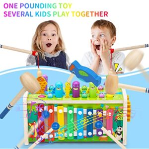 WEELIKEE 8-in-1 Wooden Hammering Pounding Toys for 1 2 3 4 Year Old Boys and Girls, Wooden Montessori Toys for Babies, Whack a Mole Game with Xylophone and Fishing Game Toddler Activities Gift