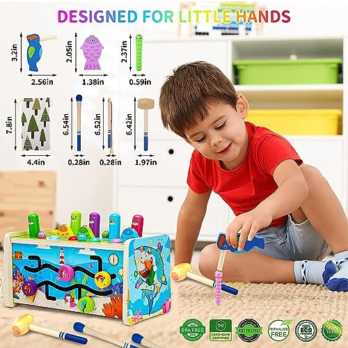 WEELIKEE 8-in-1 Wooden Hammering Pounding Toys for 1 2 3 4 Year Old Boys and Girls, Wooden Montessori Toys for Babies, Whack a Mole Game with Xylophone and Fishing Game Toddler Activities Gift