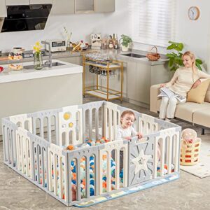 Coolever Baby Playpen, Safety Baby Gate Playpen for Babies and Toddlers Sturdy and Immovable Baby Fence Play Area Activity Center Portable Design for Indoor Outdoor (Grey+White+Star 16 Panel)