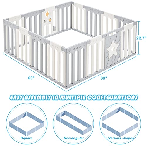 Coolever Baby Playpen, Safety Baby Gate Playpen for Babies and Toddlers Sturdy and Immovable Baby Fence Play Area Activity Center Portable Design for Indoor Outdoor (Grey+White+Star 16 Panel)